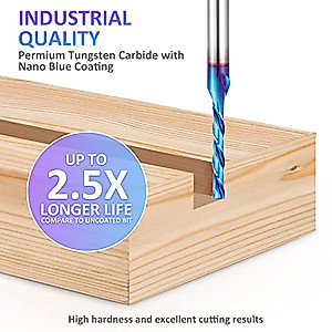 HQMaster 5 Pcs Spiral CNC Router Bits Set Down Cut 1/4” Shank Solid Carbide Spiral Downcut CNC Bits with Nano Blue Coating End Mill for Wood Cut Carving Engraver 1/8" Cutting Dia.
