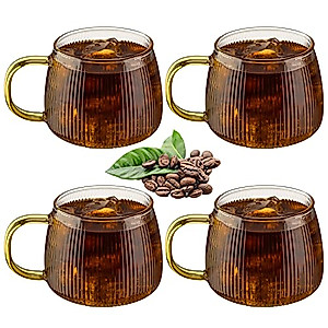 4 Pcs Glass Coffee Mugs with Amber Colored Handle 12.5 oz Vertical Striped Borosilicate Glass Mug Ribbed Coffee Cups Clear Vintage Glass Tea Cup for Hot Chocolate Espresso Latte Cappuccino Whiskey