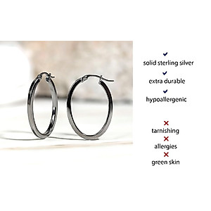 Black Flashed Sterling Silver 2mm Oval Square-Tube Hoop Earrings, 20mm