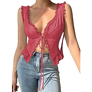 Remidoo Women's Sexy Tie Front Top Lace Trim Tank Open Front Crop Top Going Out Sleeveless Shirt Hot Pink X-Large