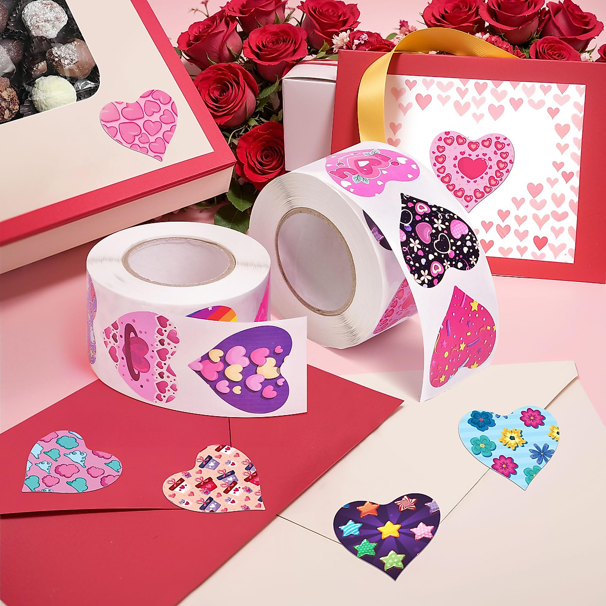 Fun Little Toys 1000PCS Valentine Heart Stickers for Kids, 1.5in Valentine's Day Colorful Red Love Decorative Decals Labels Art Craft Cards Envelopes Wedding Party Decorations Supplies