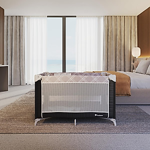 Foundations Sleep 'N Store Baby Pack and Play Yard - Portable Yard with Removable Infant Bassinet - Easy to Store Foldable Travel Play Pen - Includes Storage Bag & Foam Mattress - Mod Plaid Gray