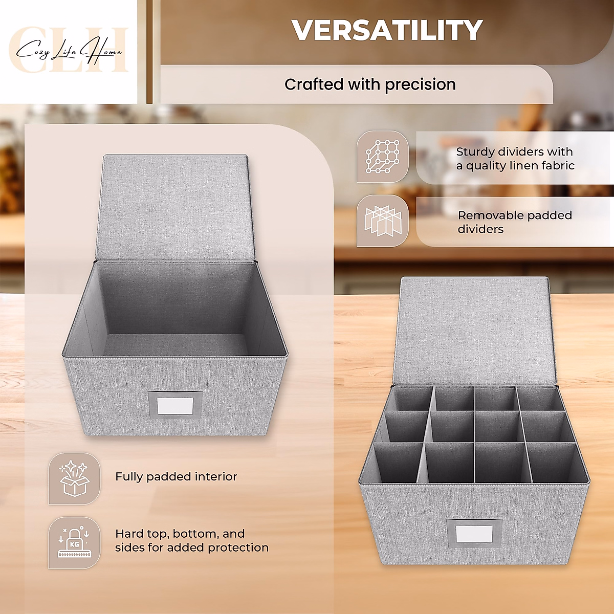 CLH Wine Glass Storage and 12 Foam Pouches, China Storage Containers, Hard Case with Dividers, Moving boxes for Glasses Kitchen storage, Stemware Storage Containers, Stackable