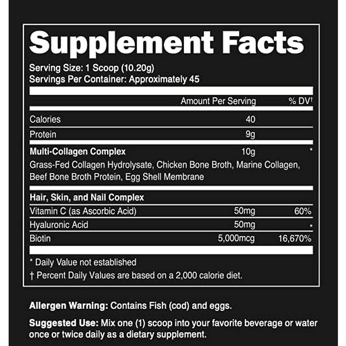 Premium Multi Collagen Peptides Protein Powder (1, 2, 3, 5 & 10) with Vitamin C, Biotin, Hyaluronic Acid, for Hair Skin and Nails - Marine, Bovine, Chicken & Eggshell (Unflavored, 45 Servings)