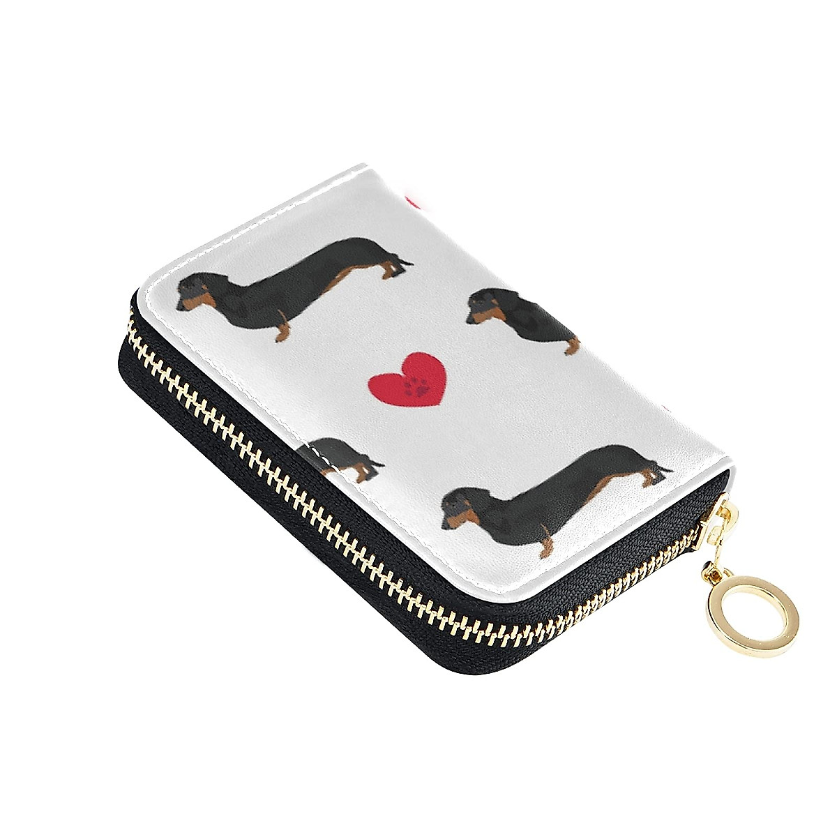 Oyihfvs Dachshund Dog Seamless Heart Grey Credit Card Coin wallet, RFID Blocking Compact Women Leather Card Holder, KeyChange Organizer, Zipper Purse Clutch Pouch Pocket, Multicolor, 4.7x3.1x0.8 Inch