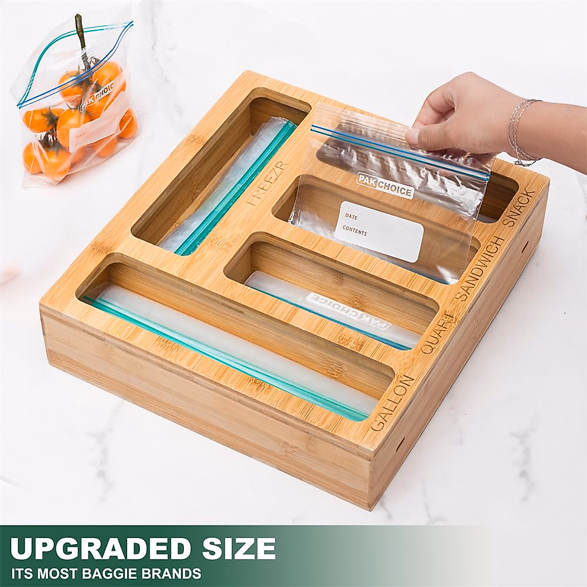 Storage Bag Organizer for Drawer, Foil and Plastic Wrap Dispenser with Cutter for Kitchen, 9-in-1 Storage for Snack, Gallon, Sandwich and More