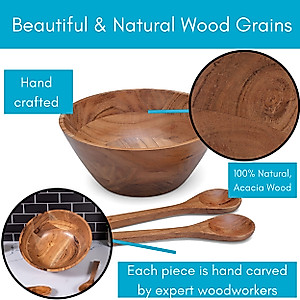 BIRDROCK HOME 3 Piece Wooden Salad Serving Bowl and Utensils | Acacia Wood Server Set | Salad, Fruit or Side Hands | Large