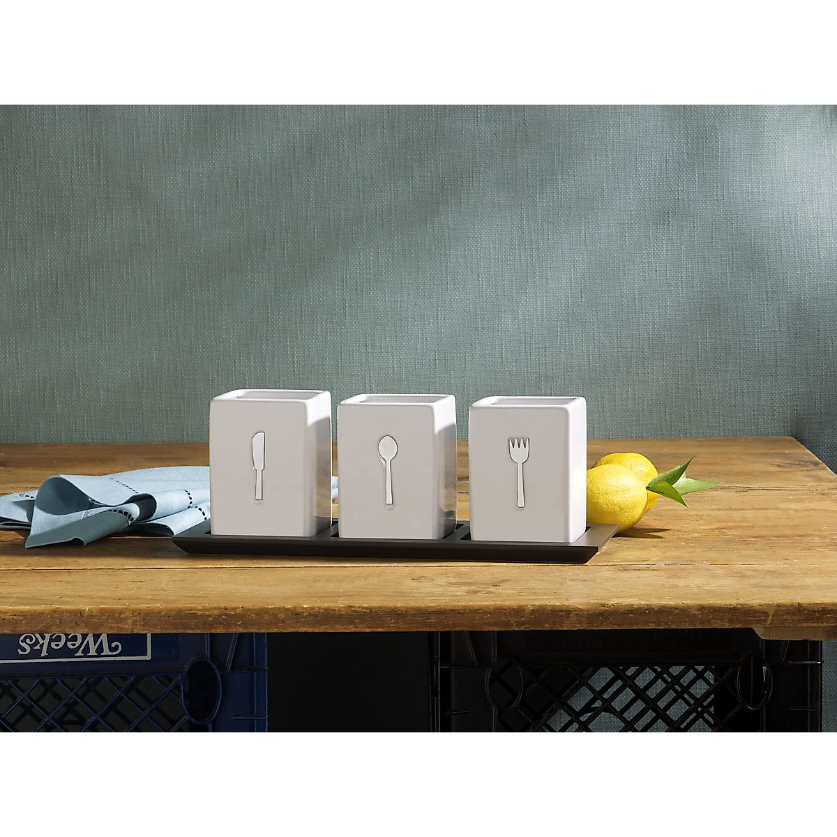 Towle Living 3-Piece Ceramic Caddy with Wood Tray