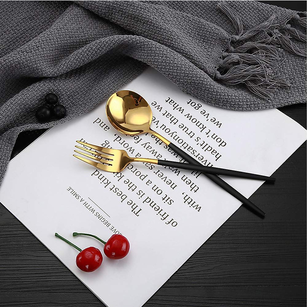 24-Piece Gold Silverware Set with Black Handle, Stainless Steel Flatware Set, Tableware Cutlery Sets for 6 Including Forks Spoons Knives, Kitchen Utensil Set for Home and Restaurant(Black Gold)