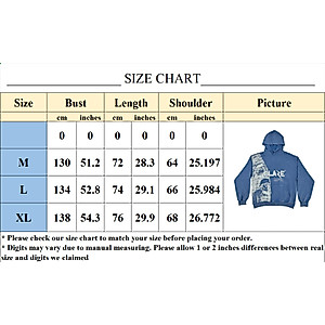 CUTEGAL Y2K Hoodie Denim Grunge Hoodie Streetwear Clothes Casual Oversize Blaze Print Pattern Skull Hoodie Unisex 2023AW (Blue,M,Medium)