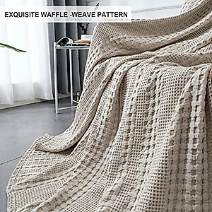 PHF 100% Cotton Waffle Weave Throw Blanket - Washed Soft Lightweight Blanket for All Season - Breathable and Skin-Friendly Blanket for Couch Bed Sofa 50"x60"- Light Khaki/Linen