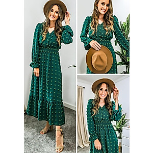 MASCOMODA Women Boho Maxi Dress 2024 Long Sleeve V Neck Swiss Dot Smocked High Waisted A-Line Ruffle Tiered Long Dress(X-Large, Dark Green)