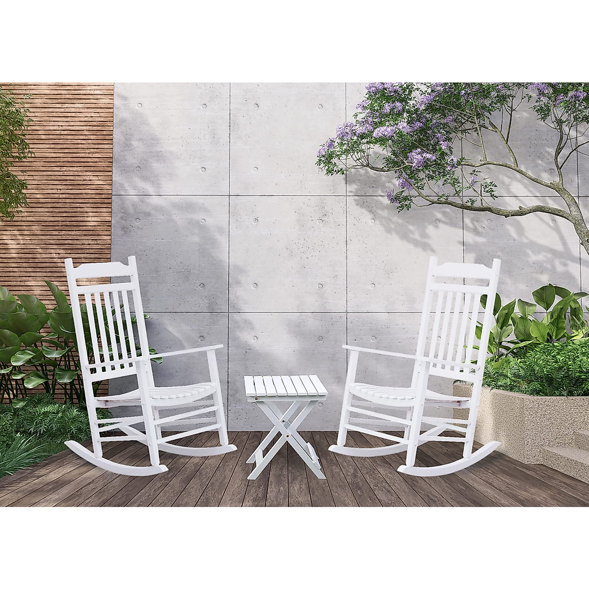 BplusZ Patio Outdoor Rocking Chair Set 3 Piece Furniture Rocker with Small Side Table for Bistro Porch White