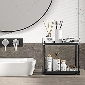 Black 2-Tier Bathroom Countertop Organizer for Skincare, Cosmetic, Perfume, and Toiletries - Vanity Tray with Non-Slip Foot Pads for Kitchen Spice Storage Shelf