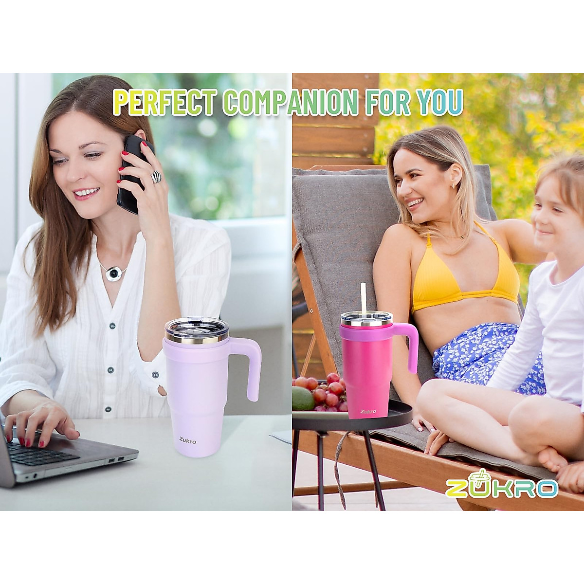 Zukro 24 oz Tumbler with Handle and Straw - Leak Proof Insulated Stainless Steel Cup with Slider Lid For Home and Travel - Double-wall Coffee Mug Keep Drinks Hot and Cold - Dishwasher Safe, No Sweat