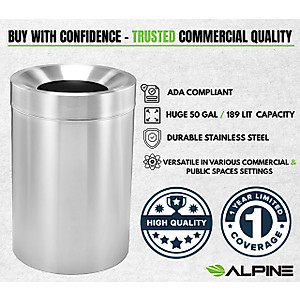 Alpine 50 Gallon Indoor Trash Can - Corrosion Proof Stainless Steel Garbage Bin - Heavy Duty Waste Disposal Trashcan for Litter Free Home, Schools, Hospitals and Businesses (50 Gallon)