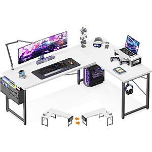 ODK L Shaped Desk, 66" Computer Corner Desk, Gaming Desk, Home Office Writing Desk with Monitor Shelf, Space-Saving Workstation Desk, Modern Simple Wooden Desk, Easy to Assemble, White