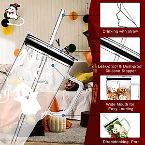 ONEHAUS Ghost Cup with Handle, 40oz Glass Tumbler Mug, Glass Cups with Lids and Straws, Halloween Ghost Decorations Gifts Glass Cups Ghost Tumbler for Iced Coffee, Fits In Cup Holder