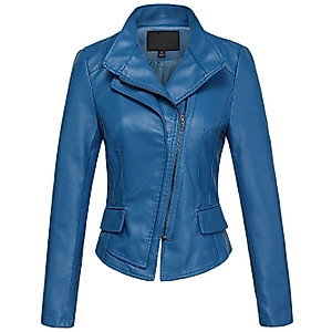 chouyatou Women's Stylish Oblique Zip Slim Faux Leather Biker Outerwear Jacket (Small, Blue)