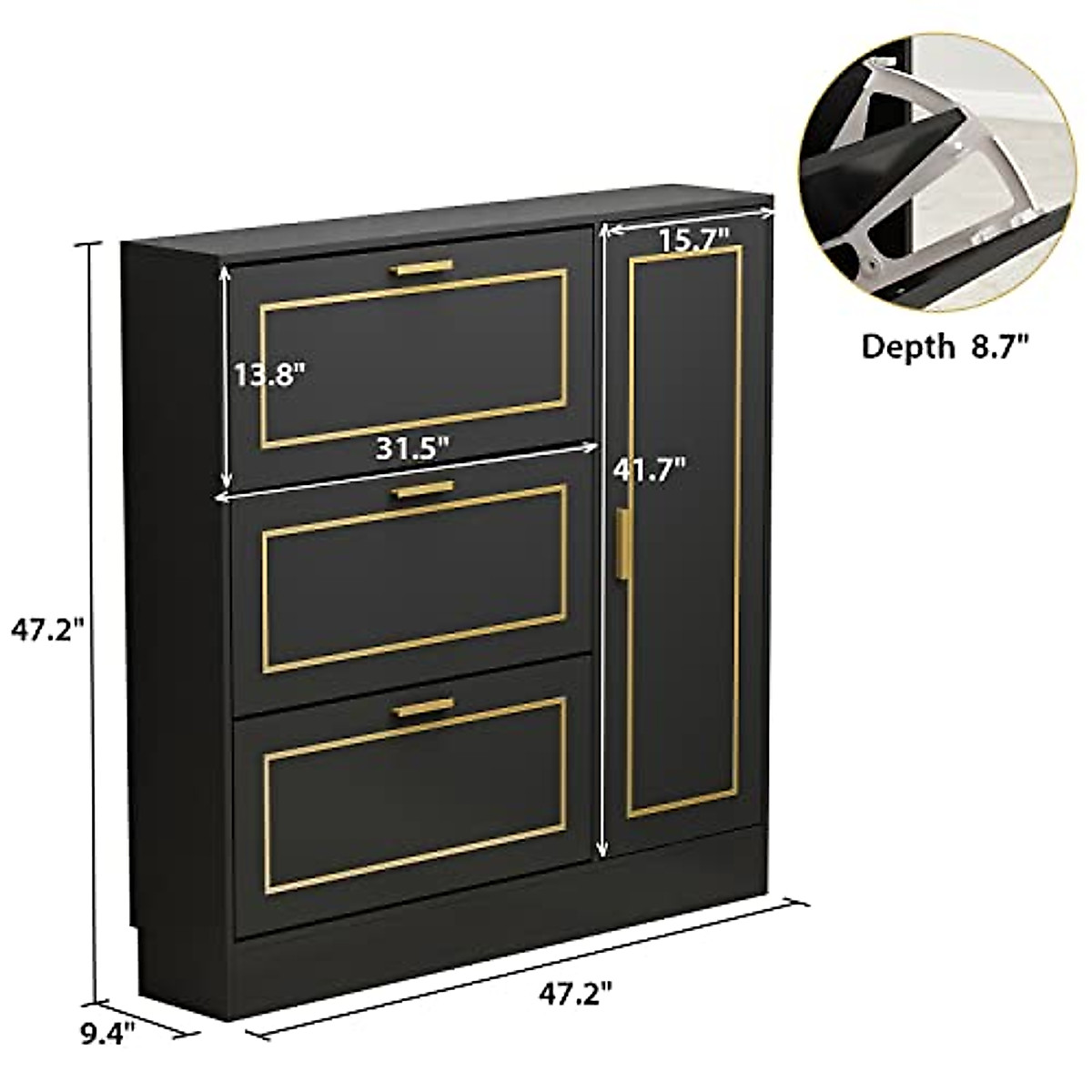 FUFU&GAGA Shoe Cabinet with 3 Flip Drawers & 1 Storage Cabinet, Modern Shoe Storage Cabinet for Entryway, Freestanding Shoe Rack Storage Organizer (Black, 47.2”W x 9.5”D x 47.2”H)