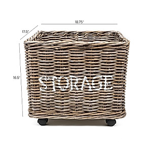happimess BSK1001A Yael Coastal Hand-Woven STORAGE Rattan Basket with Wheels and Handles for Storage and Decoration in Bedroom, Living Room, Laundry Room, Entryway, Kubu Gray