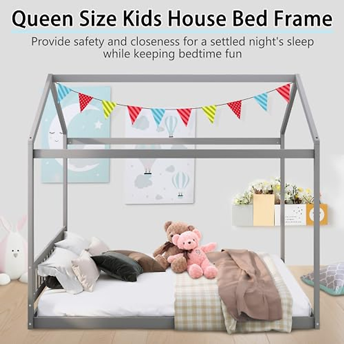 LostCat Queen Size Kids House Bed Frame with Headboard, Wooden Montessori Floor Bed Kids Bed Frame, House Platform Bed for Kids Boys Girls, Wooden Slat Support/No Box Spring Needed, Gray