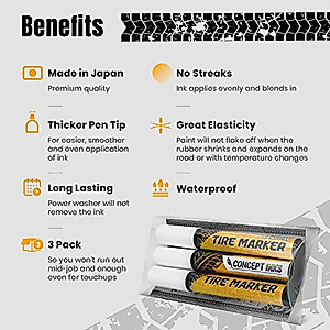 Premium Tire Marker Pens, White Waterproof Paint Markers For Car Tire Lettering, Made In Japan (3 Pack-White)