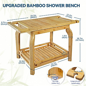 2-Tier Bamboo Shower Bench for Inside Shower Shaving Legs, 25 Inch Waterproof Bathroom Bench Shower Stool with Storage Shelf, Safe & Stable for Seniors Adults Disabled Women