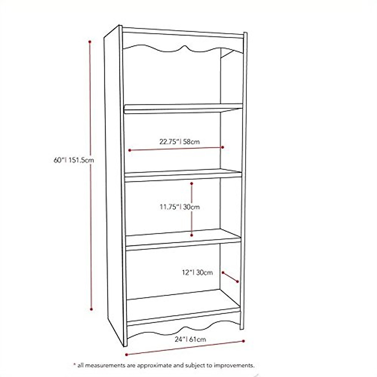 Atlin Designs 60" Wood Bookcase, Tall Bookshelf with 4 Shelves, Black