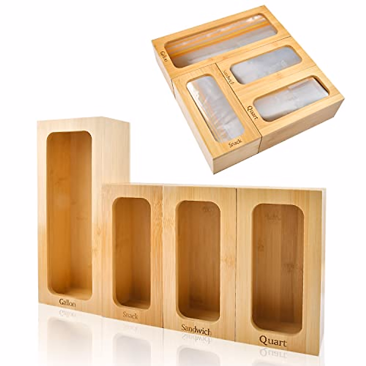 DIOZYRA Ziplock Bag Storage Organizer for Kitchen Drawer, Premium Bamboo Plastic Bag Organizer, Food Storage Bag Holders Suitable for Gallon, Quart, Sandwich and Snack Variety Size Bag