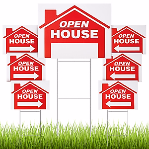 Juexica 7 Pack Open House Sign Directional with Tall Stands 24 x 18 Inch Real Estate Agent Yard for Garden Arrows and Heavy Duty H Wire Stakes(Red)