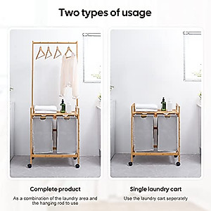 Homde Laundry Basket,Bamboo Laundry Sorter Cart Rolling with Clothes Hanging Rod, 2 Section Laundry Hamper with Wheels, Removable Sliding Bags, Utility Laundry Storage Organizer for Bathroom