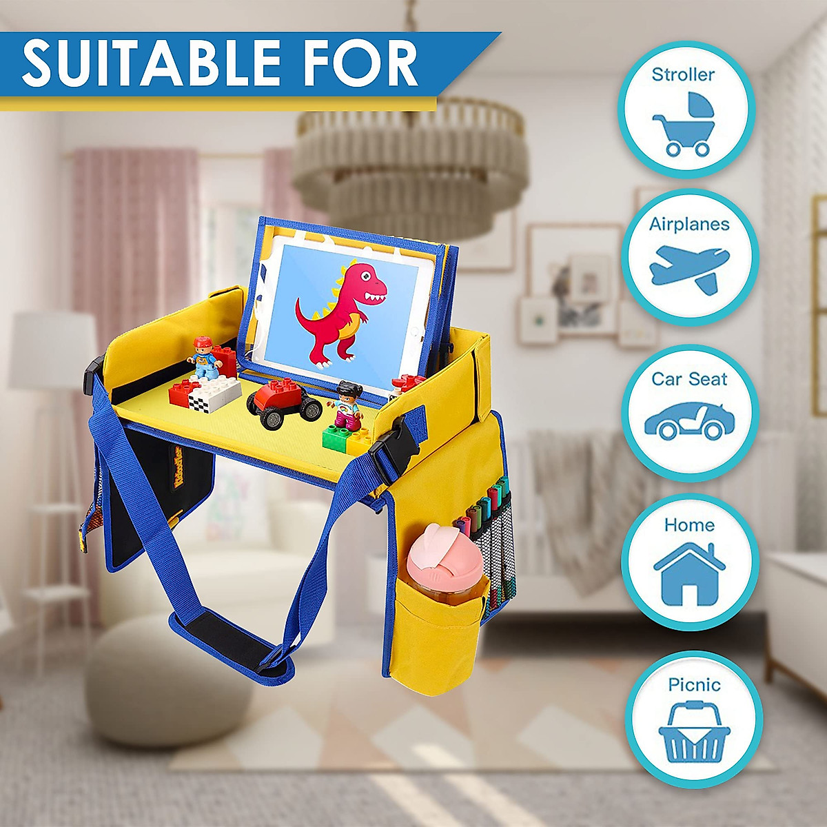 LoveAmoo Kids Travel Tray, Organizer, Toddler Car Seat, Lap Tray, Snacks Table & Dry Erase Board in Car for Child Road Trip Travels (Boys and Girls)