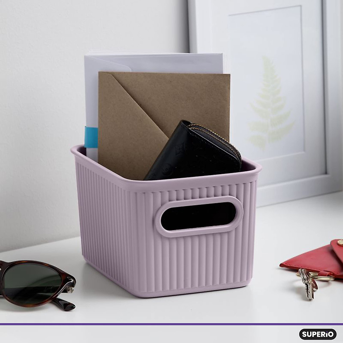 Superio Ribbed Collection - Decorative Plastic Open Home Storage Bins Organizer Baskets, Small Lilac Purple (1 Pack) Container Boxes for Organizing Closet Shelves Drawer Shelf 1.5 Liter