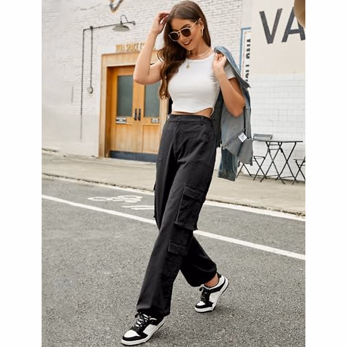 MOYEE Cargo Pants for Women High Waisted and Wide Leg Casual Y2K Pants Baggy Trousers with 7 Pockets(Black, Large)