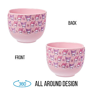 Silver Buffalo Sanrio Hello Kitty and Friends My Melody and Kuromi Pastel Flowers Ceramic Ramen Noodle Rice Bowl with Chopsticks, Microwave Safe, 20 Ounces