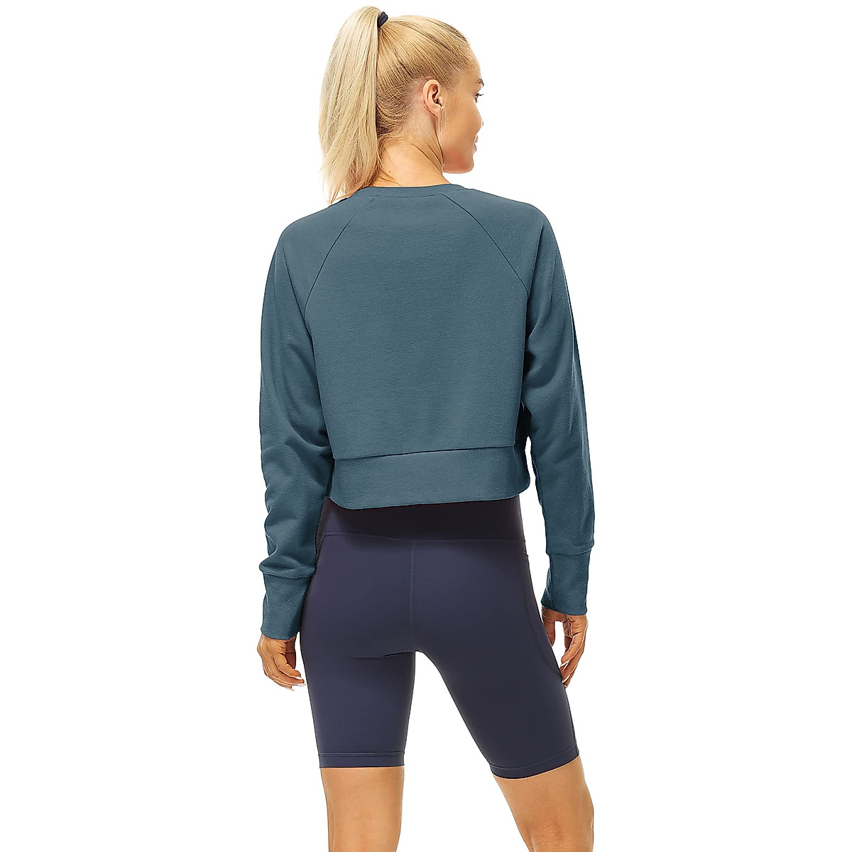 icyzone Cropped Crewneck Sweatshirt for Women, Casual Long Sleeve Pullover Tops for Spring Fall Winter (Medium, Dusty Blue)
