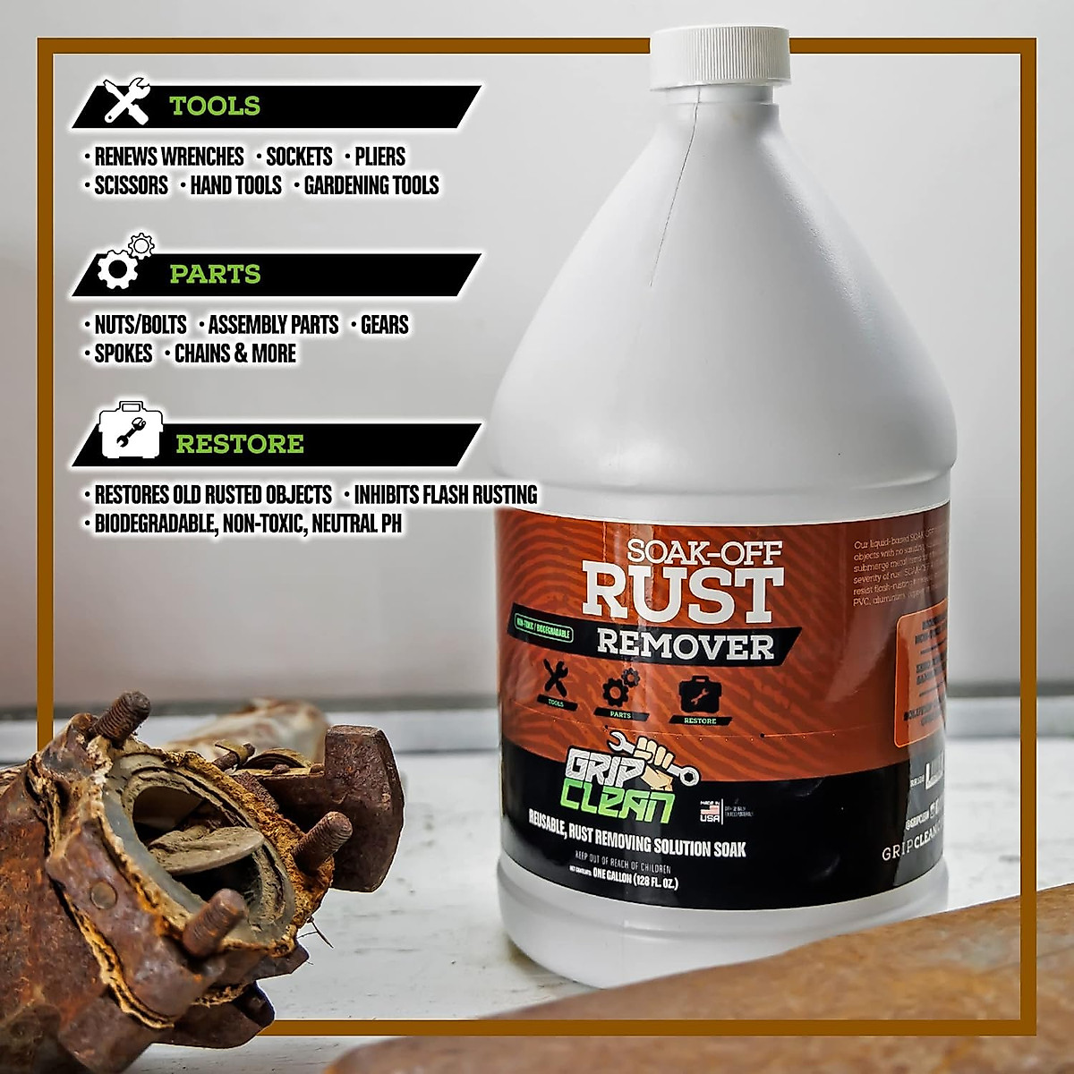 Grip Clean Rust Remover, Reusable Rust Convertor Soaking Solution, Restores Metal Parts And Tools, Non-Toxic, Biodegradable, Lasting Protection, Powerful Rust Stain Remover - 1 Gallon