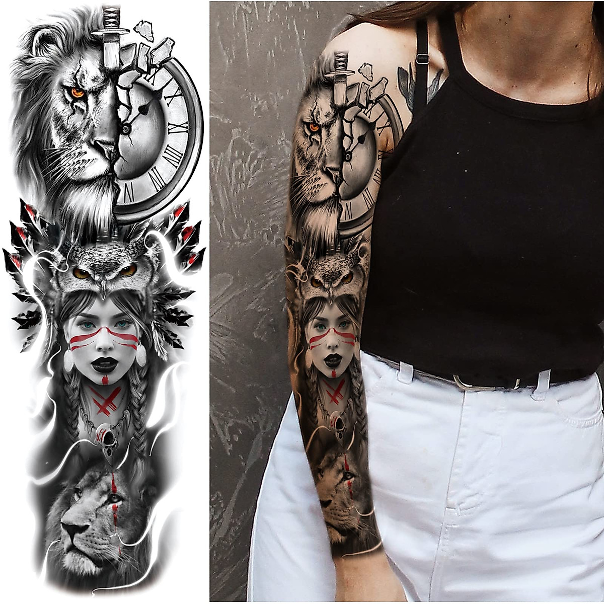 Briyhose Lion Wolf Temporary Tattoo Sleeve, Large Full Arm Animal Tribal Fake Tattoos Sleeve For Men Women Adult, Long Lasting Black Arm Temp Tatoo Sticker Leg Body Art Makeup, 4-Sheet