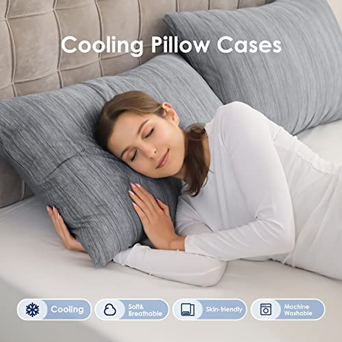 OMERAI Cooling Pillow Cases Standard Size for Night Sweats and Hot Sleepers, Double-Side Cooling Pillow Cases with Zipper, Grey Pillow Cases Set of 2 (20" X 26", Gray)