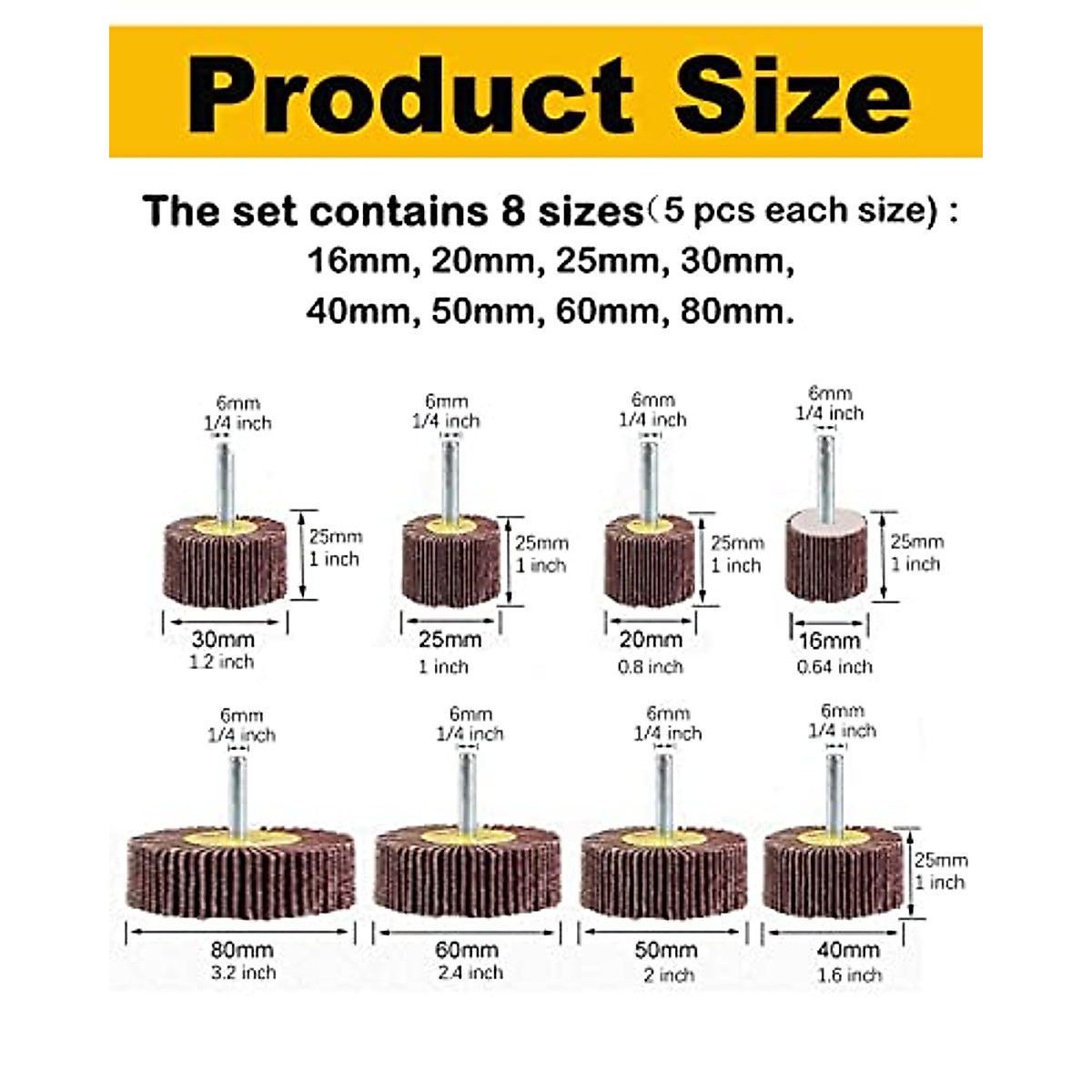 SHITIME 16 Pcs 1/4" Shank Abrasive Flap Wheel Sander, SHITIME Aluminum Oxide Cylindrical Shape Sanding Wheel for Removing and Polishing(80 Grit)