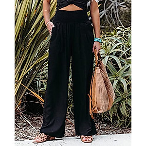 ERTUPE Women's Linen Palazzo Pants Boho Wide Leg High Waist Lounge Pant Elastic Casual Loose Solid Trousers with Pockets A-Black