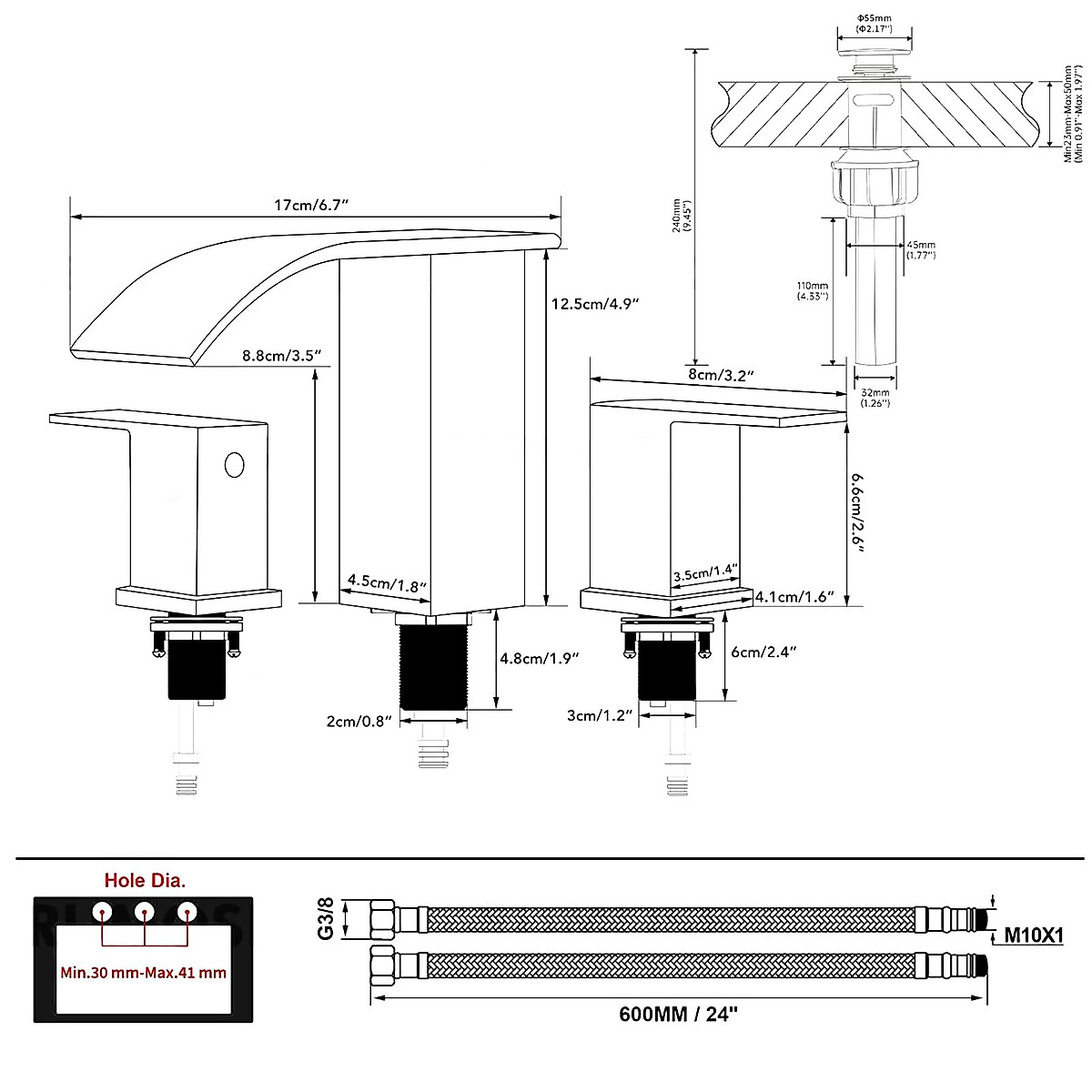 RUMOSE LED Bathroom Faucets Set Matte Black 8 inch Bathroom Sink Faucet 3 Hole with Pop Up Drain Widespread Lavatory Waterfall Vanity Faucet with 3 Colors Light Changing Stainless Steel Deck Mounted