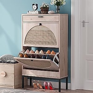 Brafab Shoe Storage Cabinet with 2 Flip Drawers&1 Small Drawer, Slim Entryway Shoe Organizer with Half Round Woven Rattan Doors for Sneakers…
