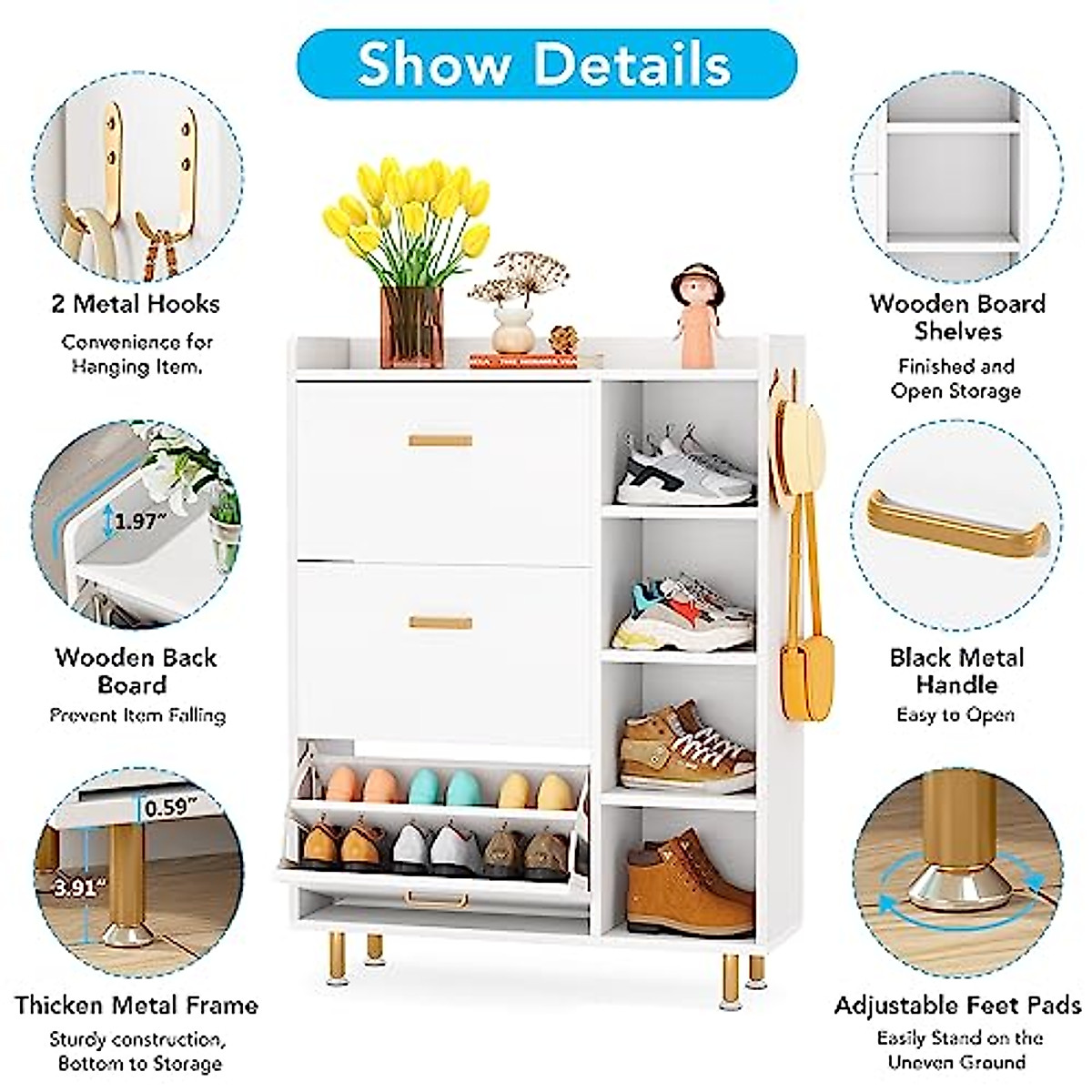 LITTLE TREE Shoe Cabinet, Freestanding Shoes Storage Cabinets with 3 Flip Drawers and Open Shelves for Entryway