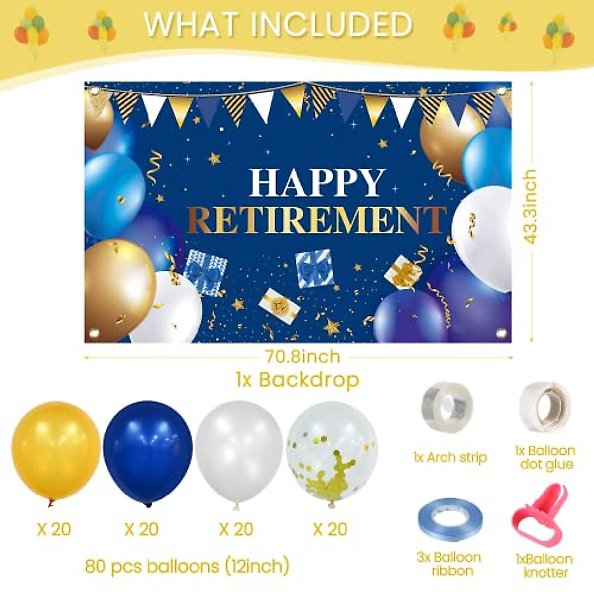81 Pieces Navy Blue and Gold Retirement Party Supplies Decorations included 80 Pieces 12'' Balloons with 1 Large Happy Retirement Backdrop Banner Set Retirement Party Supplies for Women and Men