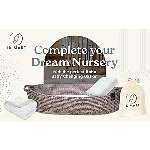 IK MART – Baby Changing Basket – 100% Cotton Rope Diaper Basket - Changing Pad, Portable and Waterproof - with Extra Pad and Burp Cloth - Lighter in Weight - Boho Nursery Decor