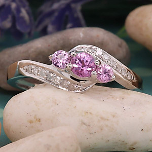 Dazzlingrock Collection 14K Round Pink Sapphire & White Diamond Swirl Engagement 3 Stone Bridal Ring, White Gold, Size 7.5