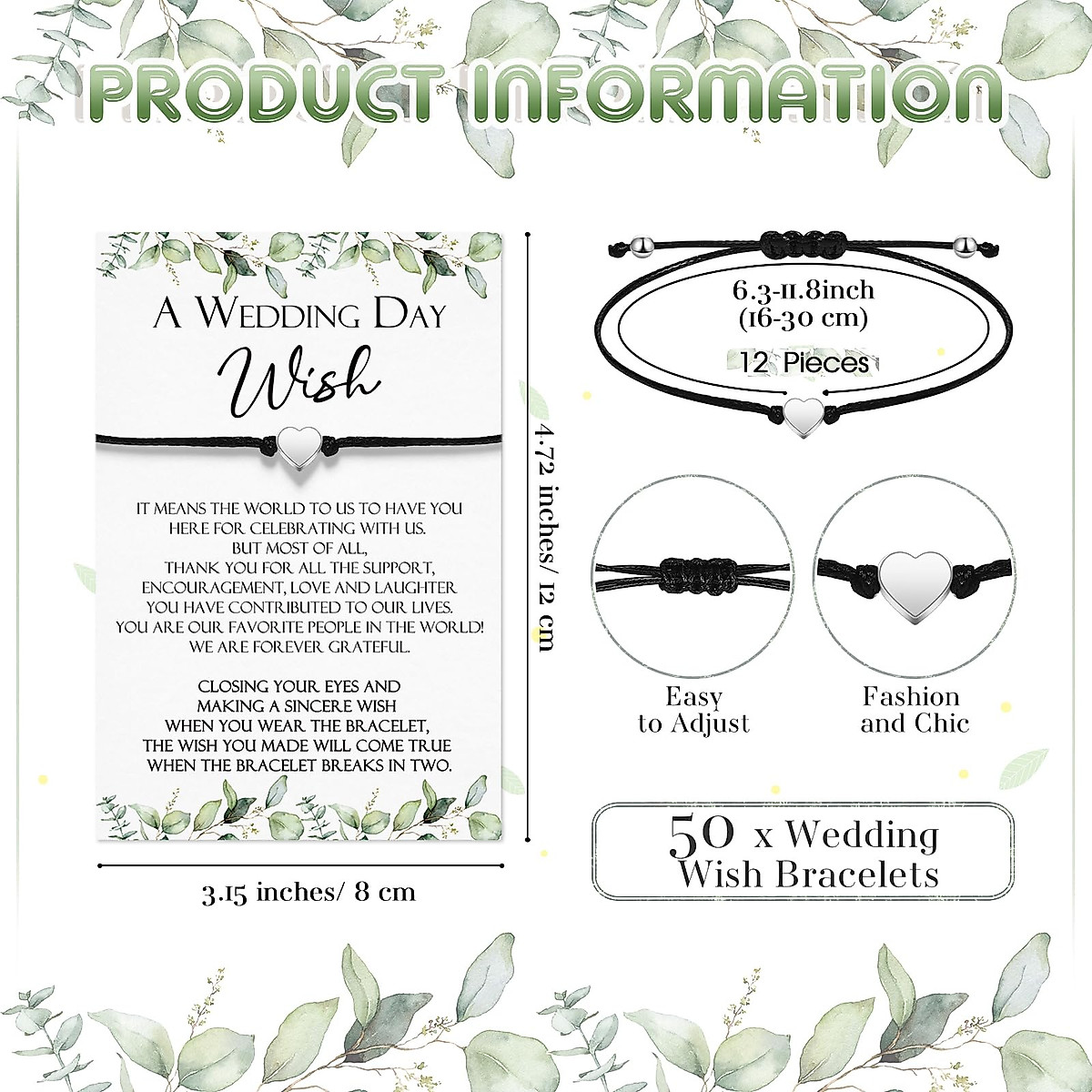 Sasylvia 50 Sets Wedding Favors for Guests Bracelets Bulk Adjustable Bracelets with Thank You Wish Cards for Wedding Party Gifts Bridal Shower Souvenirs(Greenery)