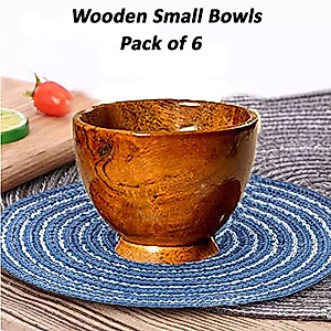 Wooden Small Bowls - 100% Natural Food Grade Acacia Wooden Serving Bowls for Condiments, Dip Sauce, Ketchup, Jam, Nuts, Rice, Soup, Prep, Olive - Round Wooden Brown Bowl (Set of 6)